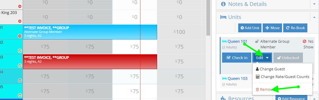 Remove a Unit from a Group Reservation